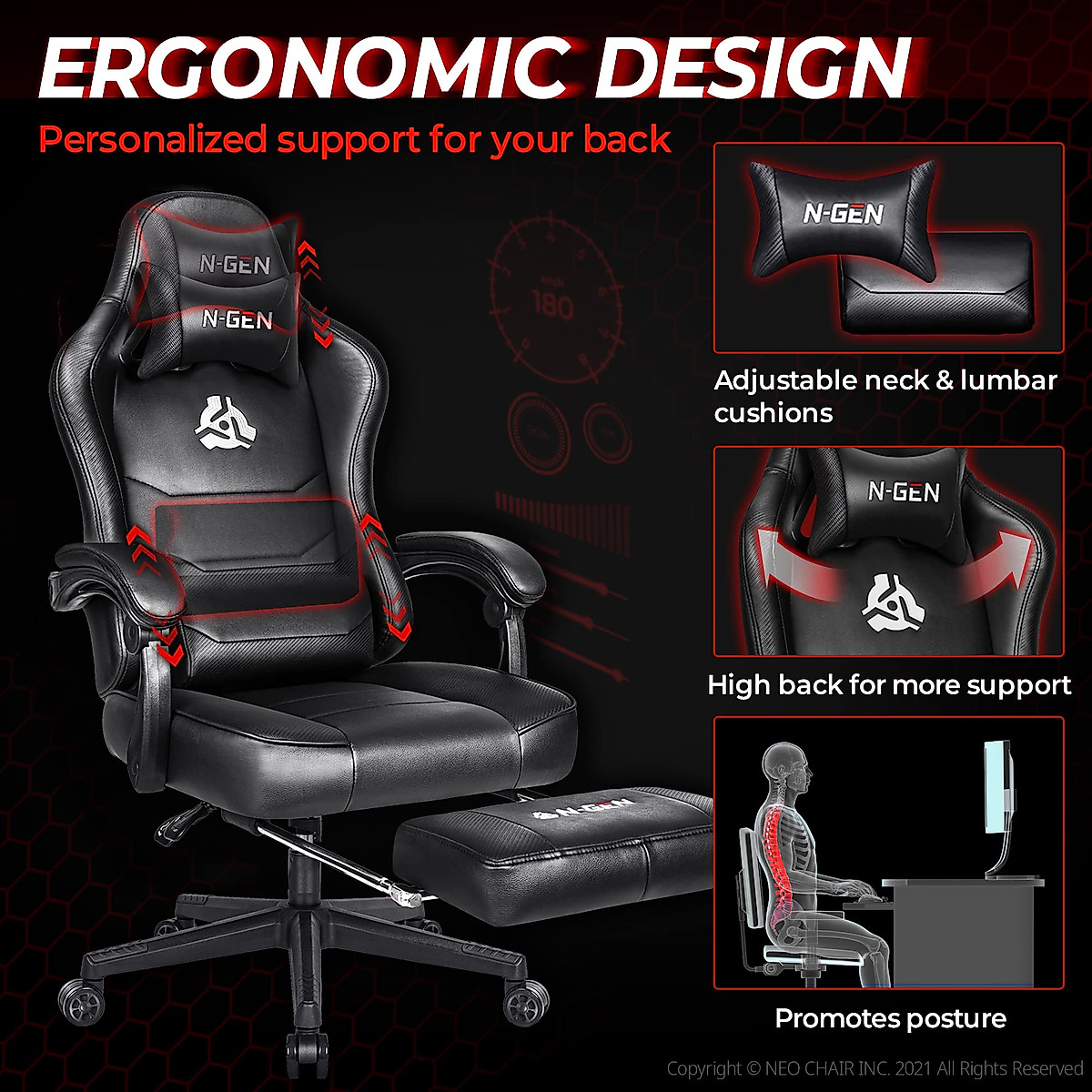 N-GEN Gaming Chair with Footrest Levelled Seat PU Leather Adjustable Ergonomic Lumbar Support High Back Office Swivel Computer Desk Headrest E-Sports PC Gamer Height Reclining (3. Black)