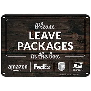Package Delivery Sign, Please Leave Packages In The Box Wood Background, 10x7 Inches, Rust Free .040 Aluminum, Fade Resistant, Indoor/Outdoor Use, Made in USA by Sigo Signs