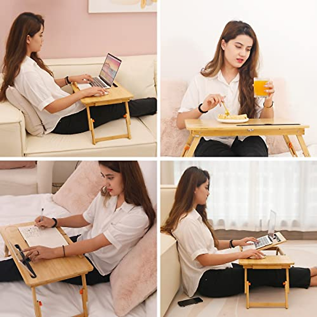 Lap Desk, COIWAI Laptop Desk for Bed, Bamboo Adjustable Height Angle Foldable Stand with Tablet Phone Slot Storage Drawer, Portable Tray Table for Netebook Computer Breakfast Work Study Reading Kids