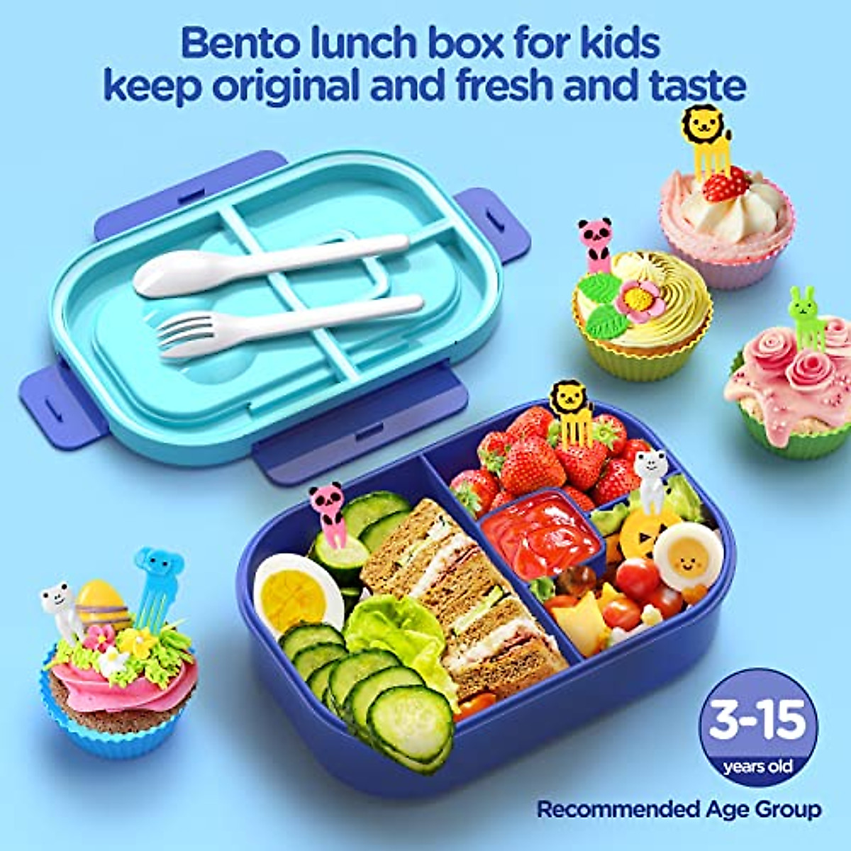 Jelife Lunch Box Kids Bento Box - 1300ML Ideal Leak Proof Bento Lunch Box for Kids School Lunchbox for Teens Toddlers Boys, Lunch Box Snack Containers with Utensil, Food Fork Picks & Cake Cups, Blue