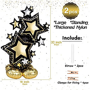 Black Gold Star Balloons, 2 Pcs Standing Foil Star Balloon, 32 Inch Thickened Large Mylar Star Balloons for Birthday Party Graduation Baby Shower Anniversary Engagement Bachelorette Decorations
