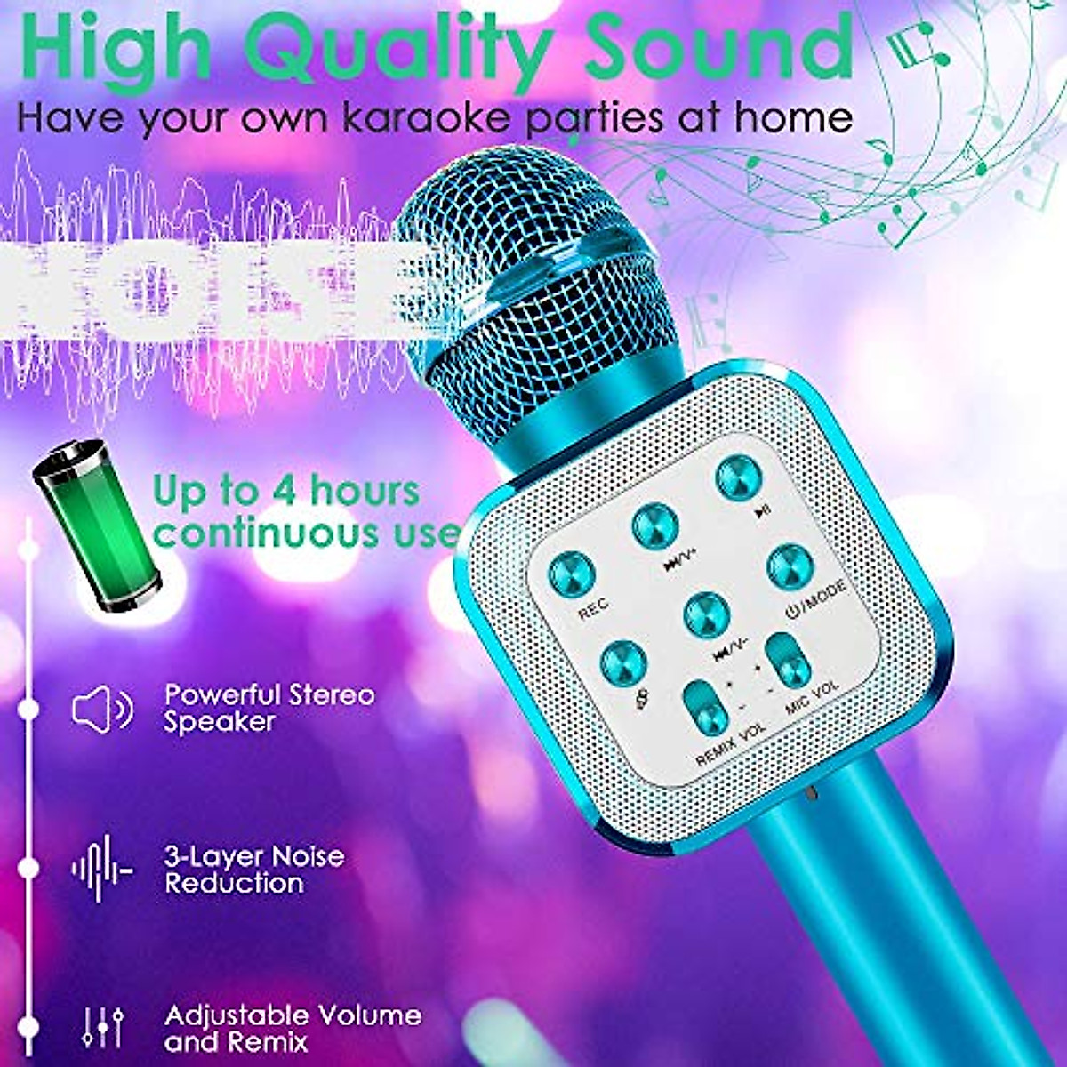 KIDWILL Wireless Bluetooth Karaoke Microphone for Kids, 5-in-1 Portable Handheld Karaoke Mic Speaker Player Recorder with LED Lights for Kids Girls Boys Teens Birthday (1818-Blue)