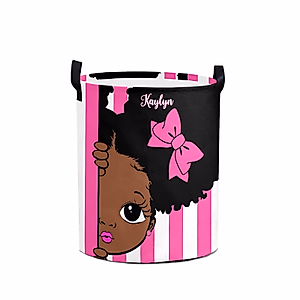 African Black Girl Princess Personalized Laundry Basket Clothes Round Storage Handle Waterproof, Custom Foldable Large Capacity and Lightweight, For Bedroom Bathroom Toy Decoration