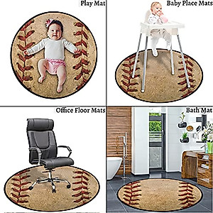 Pardick Baseball Rug 36.2 inch Circle Retro Rug Round Area Throw Rugs for Boys Men Bedroom Living Room Home Nursery Playroom Washable Sports Baseball Ball Room Decor 3ft Rugs Kids Gifts