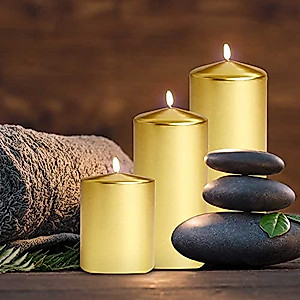Metallic Cone Top Pillar Candles by Bask - Set of 3-3" x 6" Dripless Unscented Holiday Candles in Metallic Gold for Home Decor, Relaxation & All Occasions