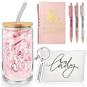 SiliFine 7 Pcs Boss Day Gift Sets Lady Thank You Gifts for Women Best Boss 16oz Glass Cup Makeup Bag Keychain A6 Notepad with 3 Ballpoints Pen Lady Leader Appreciation Day Christmas Favor(Pink)