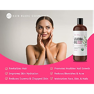 Kate Blanc Cosmetics Jojoba Oil for Hair, Face & Skin. Gua Sha Oil for Face Massage & Dermaplaning (16oz, Organic, 100% Pure, Natural)