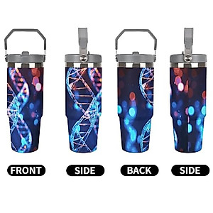 30oz Stainless Steel Insulated Tumbler with Flip Lid & Straw, Leakproof Travel Mug for Car, DNA Genetic Helix Double Wall Vacuum Thermal Coffee Cup with Handle, Spill-Proof Design for Hot/Cold Drinks