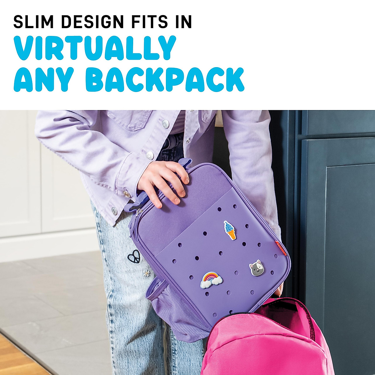 Fit & Fresh Charm Lunch Bag For Kids, Thermal Insulated Lunch Box For Kids Boys & Girls With Shoe Charm Slots For Personalization, School Lunch Box, Purple