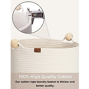 StorageWorks 58L Cotton Rope Laundry Basket with Wooden Beads Handles, Woven Basket for Storage, Dirty Clothes, Kids Toys, Towels, White & Light Brown