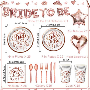 Bridal Shower Decorations - Rose Gold Bachelorette Party Decorations Set with Plates, Napkins, Cups, Cutlery, Bride to Be, Star, Heart Foil Balloons for Bridal Shower Decor, Serve 25