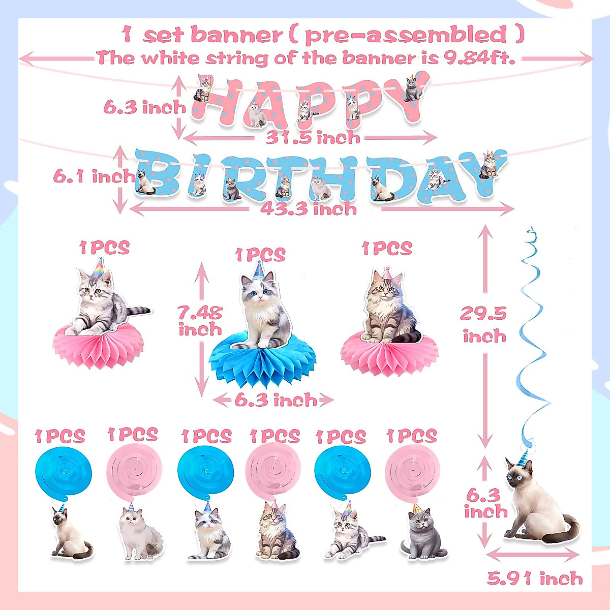 Pre-assembled Cat Birthday Party Supplies Cat Birthday Party Decorations Banner with 6 Cat Hanging Cutouts 6 Hanging Swirl Decor and 3 Birthday Honeycomb for Kids Girls Party Decorations