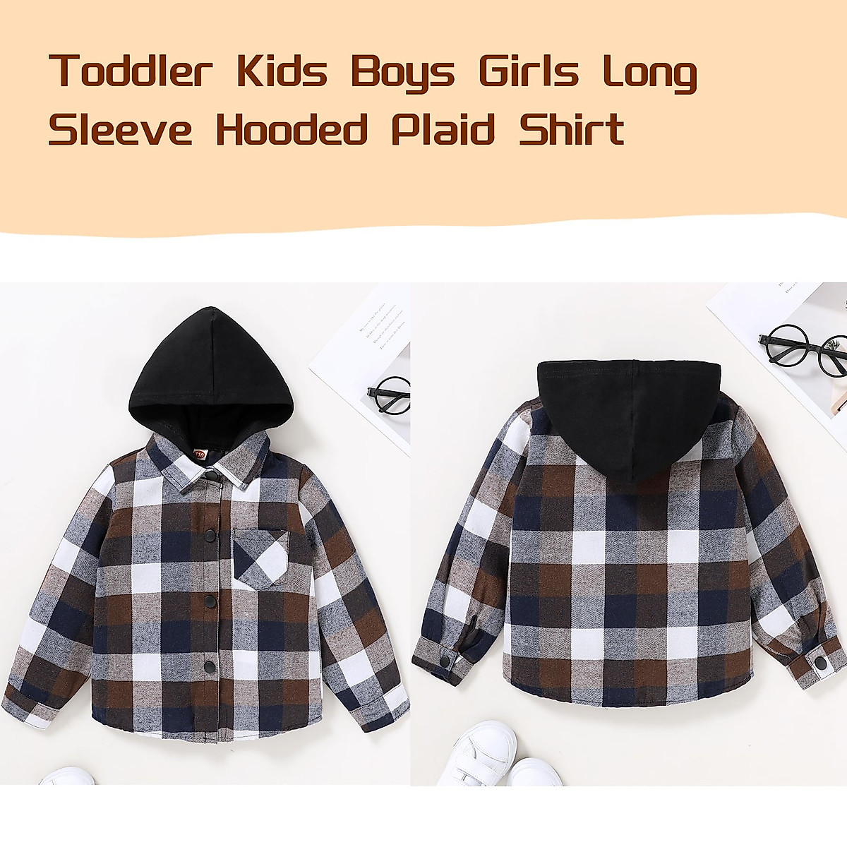 YOUNGER STAR Toddler KidsBaby Boys Hooded Plaid Shirt Classical Shirt Hooded Jacket Fall Winter Clothes (Brown, 6-12 Months)