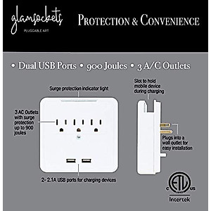 Glamsockets Decorative Wall Mount Surge Protector with 3 Outlets, Dual USB Charging Ports and Phone Holder - USB Charging Center/Multi Function Wall Tap (Carrara Marble)