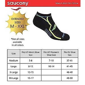Saucony Men's Multi-Pack Bolt Performance Comfort Fit No-Show Socks, Black (6 Pairs), Shoe Size: 5-8