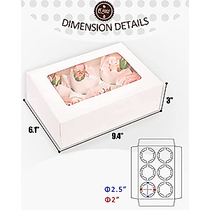 qiqee White 6 Cupcake Boxes with Window Auto-pop up 30 Packs Cupcake Box 9"x6.1"x3.3" Bakery Boxes For Cupcakes Carrier, Cupcake Containers