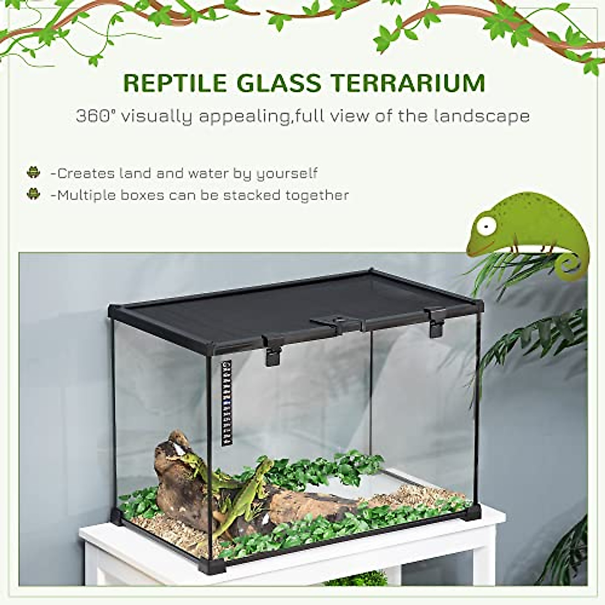 PawHut 14 Gallon Reptile Glass Terrarium Tank, Breeding Box Full View with Visually Appealing Sliding Screen Top for Lizards, Frogs, Snakes, Spiders, 20" x 12" x 14"
