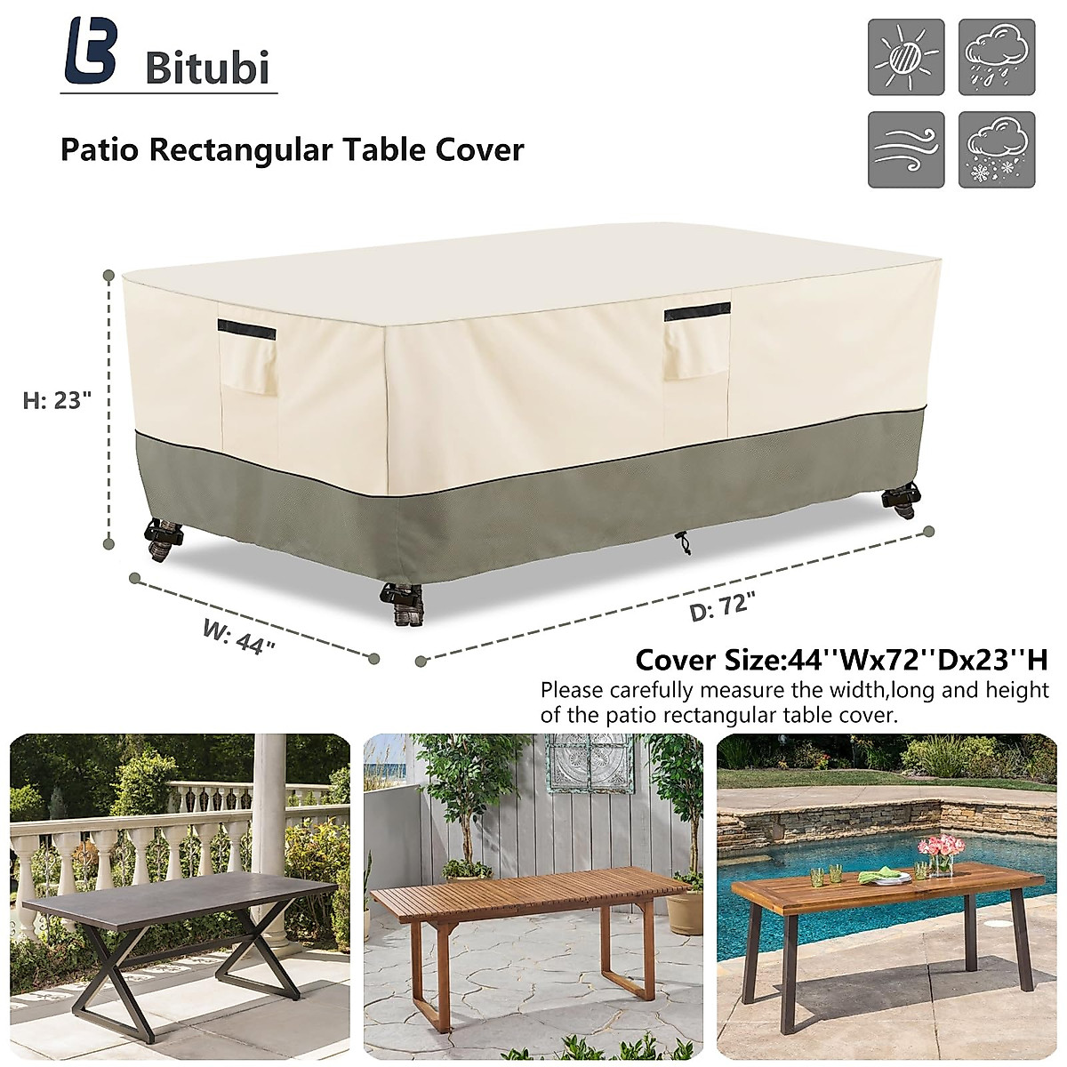 Bitubi 72 Inch Rectangular/Oval Patio Table Cover,Heavy Duty Waterproof Outdoor Table Cover Winter, Patio Furniture Covers, Beige