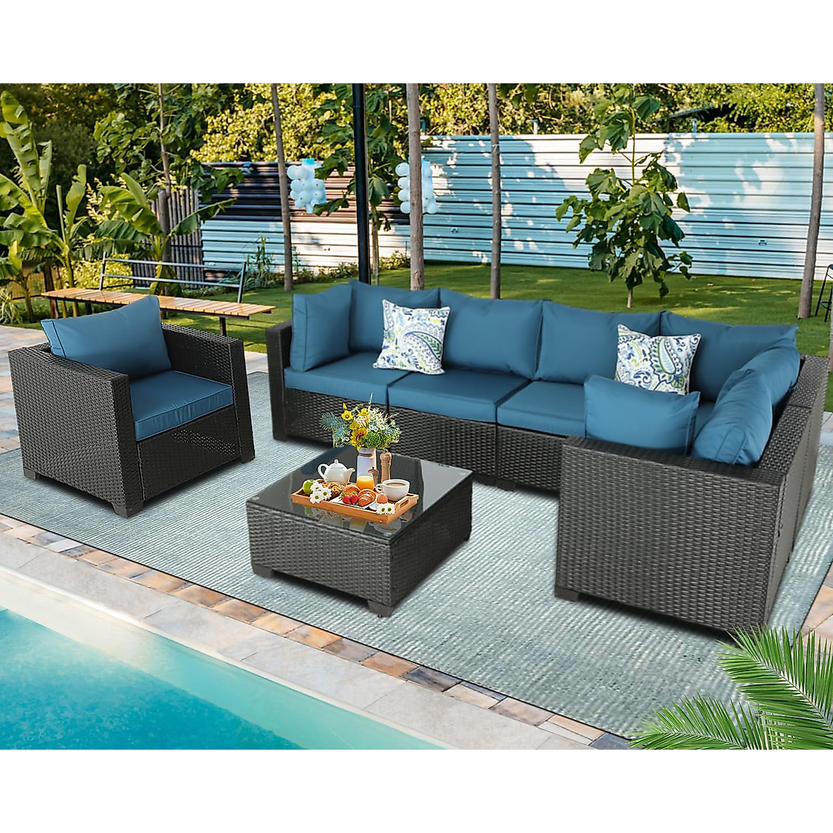 Furnimy Outdoor Furniture Patio Furniture Sets Conversation Sets Balcony Furniture Outdoor Sectional for Outdoor Indoor Backyard Lawn Garden Porch Poolside (Expresso-Peacock Blue, 7 Pieces Set)