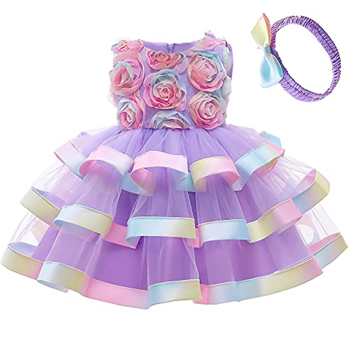 6M-6T Toddler Baby Girls Colorful Floral Tutu Gown Dress Party Evening Wedding Christmas Dance Dresses with Headwear Purple 90
