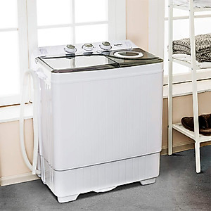 KUPPET Compact Twin Tub Portable Mini Washing Machine 26lbs Capacity, Washer(18lbs)&Spiner(8lbs)/Built-in Drain Pump/Semi-Automatic (White&Gray)