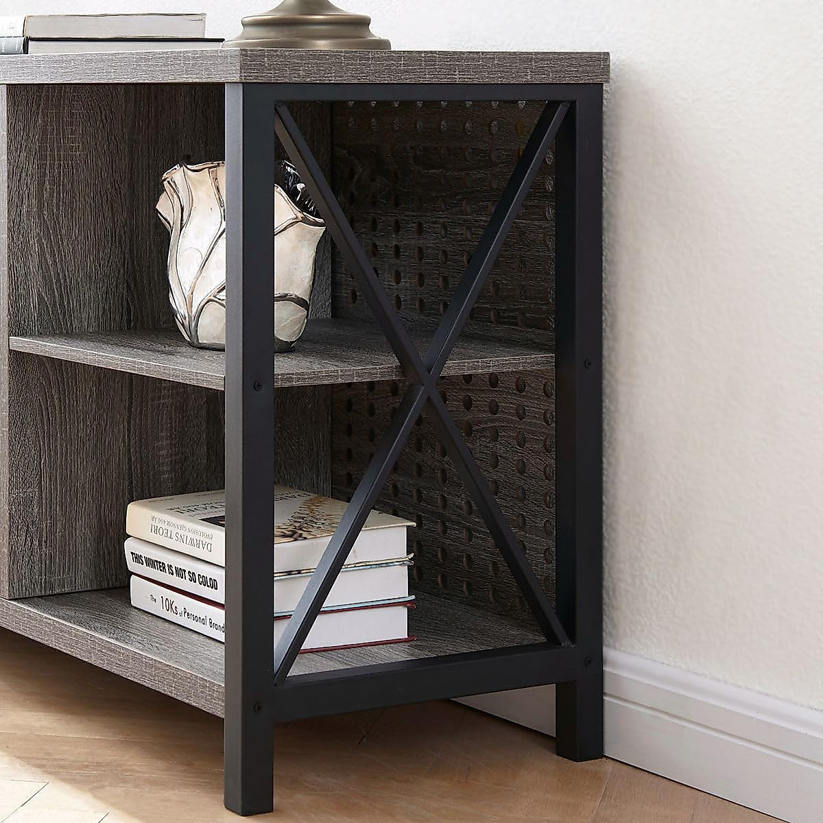 LVB Rustic Entertainment Center for 65 Inch TV, Industrial Wood TV Stand with Media Cabinet Storage, Farmhouse Metal Television Stands Console Table for Home Living Bedroom, Light Grey Oak, 55 Inch