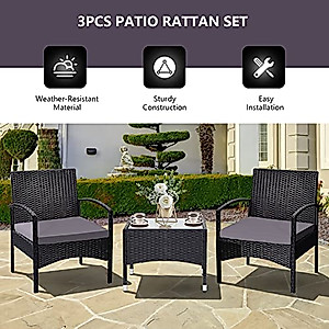 RELAX4LIFE 3-Piece Patio Furniture Set - Rattan Conversation Set, Wicker Bistro Set W/ 2 Chairs, Glass Table, Steel Frame, Outdoor Chairs Set for Backyard, Balcony, Front Porch Furniture(Gray)