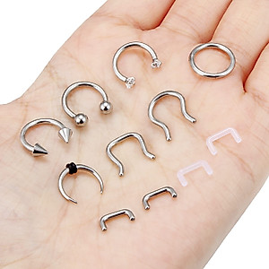 Ftovosyo 11Pcs 14G Septum Jewelry Surgical Steel Nose Septum Rings Piercing Jewelry Retainer Horseshoe Vertical Labret Lip Hoop Ring for Women Men 10mm 3/8 Inch Silver-tone