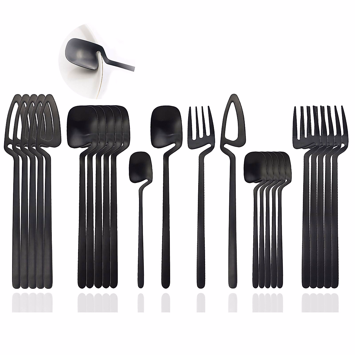 JASHII Silverware Set Satin Finish 24-Piece Stainless Steel Flatware Set Kitchen Utensil Set Service for 6 Tableware Cutlery Set Dishwasher Safe (Matte Black)