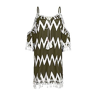 KYLEON Dress for Women Summer Casual Bohemian Off Shoulder Beach Dresses Tassel Swing Mini Short Sundress