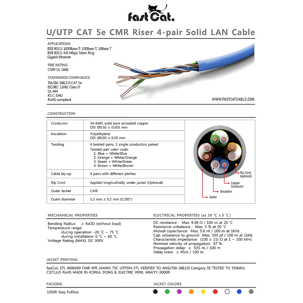 fast Cat. Cat5e Ethernet Cable 1000ft - 24 AWG, CMR, Insulated Bare Copper Wire Cat 5 ethernet Cable with FastReel - 350MHZ / Gigabit Speed UTP Cable Cat5e - CMR (Black)