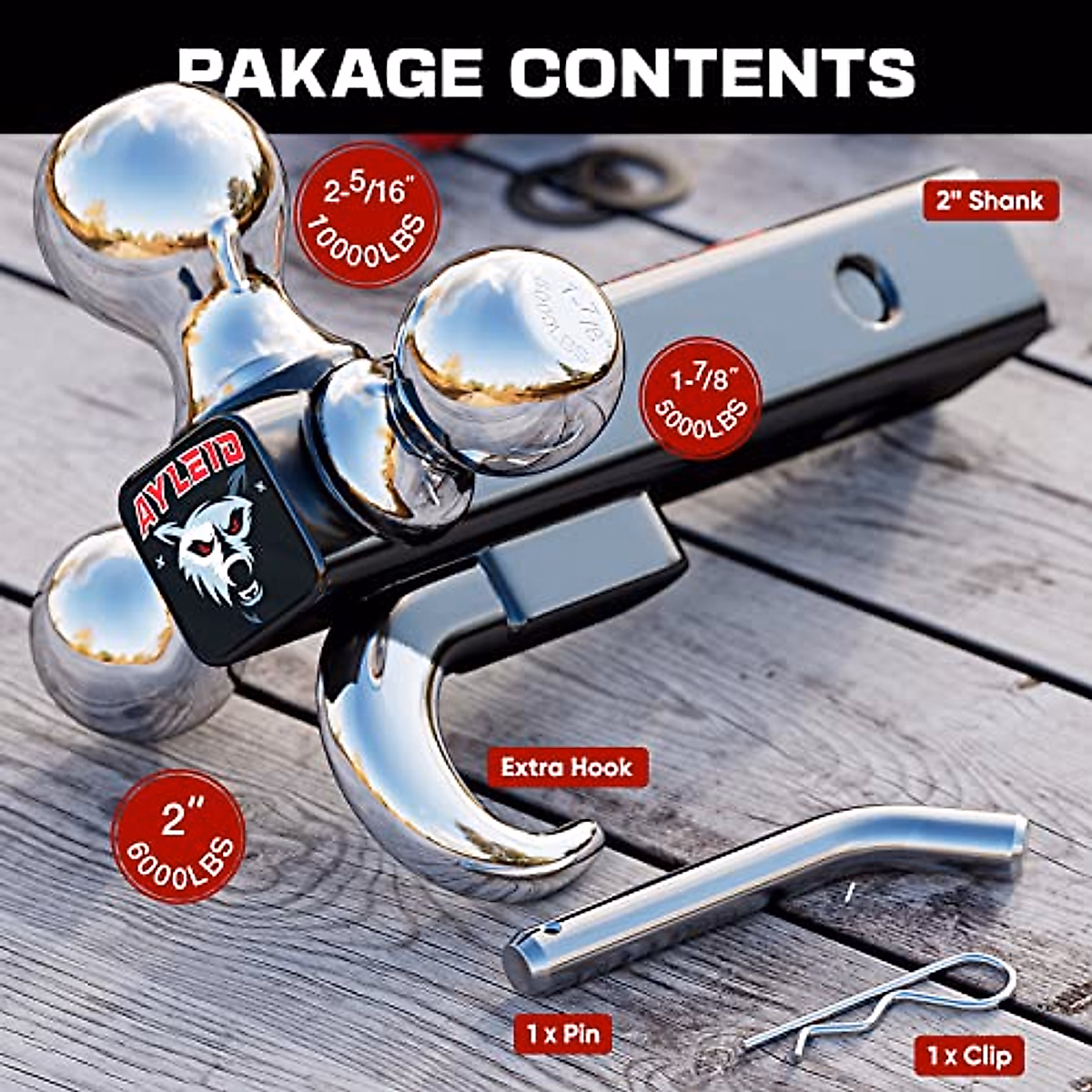 Ayleid Trailer Hitch Tri-Ball Mount with Hook & Pin Balls Sized 1-7/8 inches, 2 inches & 2-5/16 inches, Hitch Ball,Tow Hitch,Black Ball