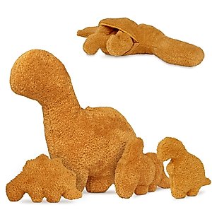 Niurewan 4 Pcs Dino Nugget Pillow Set,Large Chicken Nugget Plush with 3 Small Dinosaur Plush Toys,Dino Stuffed Animal for Birthday Gift Party Favors