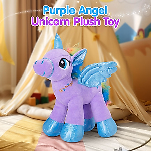 Houwsbaby LED Musical Stuffed Animal Unicorn Soft Singing Light Up Plush Toy Lullaby Animated Soothe Birthday Gifts for Kids Toddler Girls, White, 10.5''