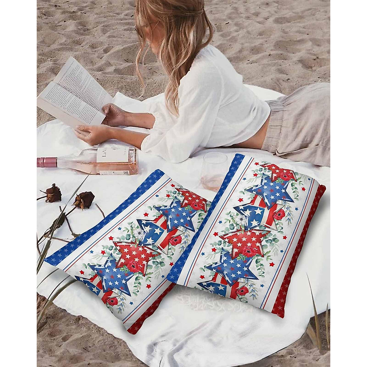 JasmineM Independence Day Star Outdoor Pillow Covers 20x12inch Set of 2, Polyester Waterproof Throw Pillow Covers Garden Cushion Decorative Case for Patio Couch Decoration, Eucalyptus Leaves Blue Red