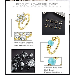 Drperfect 8 Pcs 20G Nose Ring Hoop for Women Stainless Steel Paved CZ Cartilage Earrings Nose Piercing Hoop 8mm