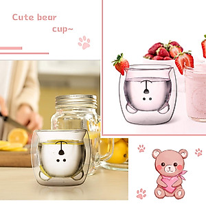 2 Pieces Cute Bear Mugs Insulated Double Wall Glass Bear Cups Animal Tea Milk Juice Chocolate Cappuccino Cups Home Glass Bear Cups Glass Mugs for Valentine's Day to lover (White, Pink)