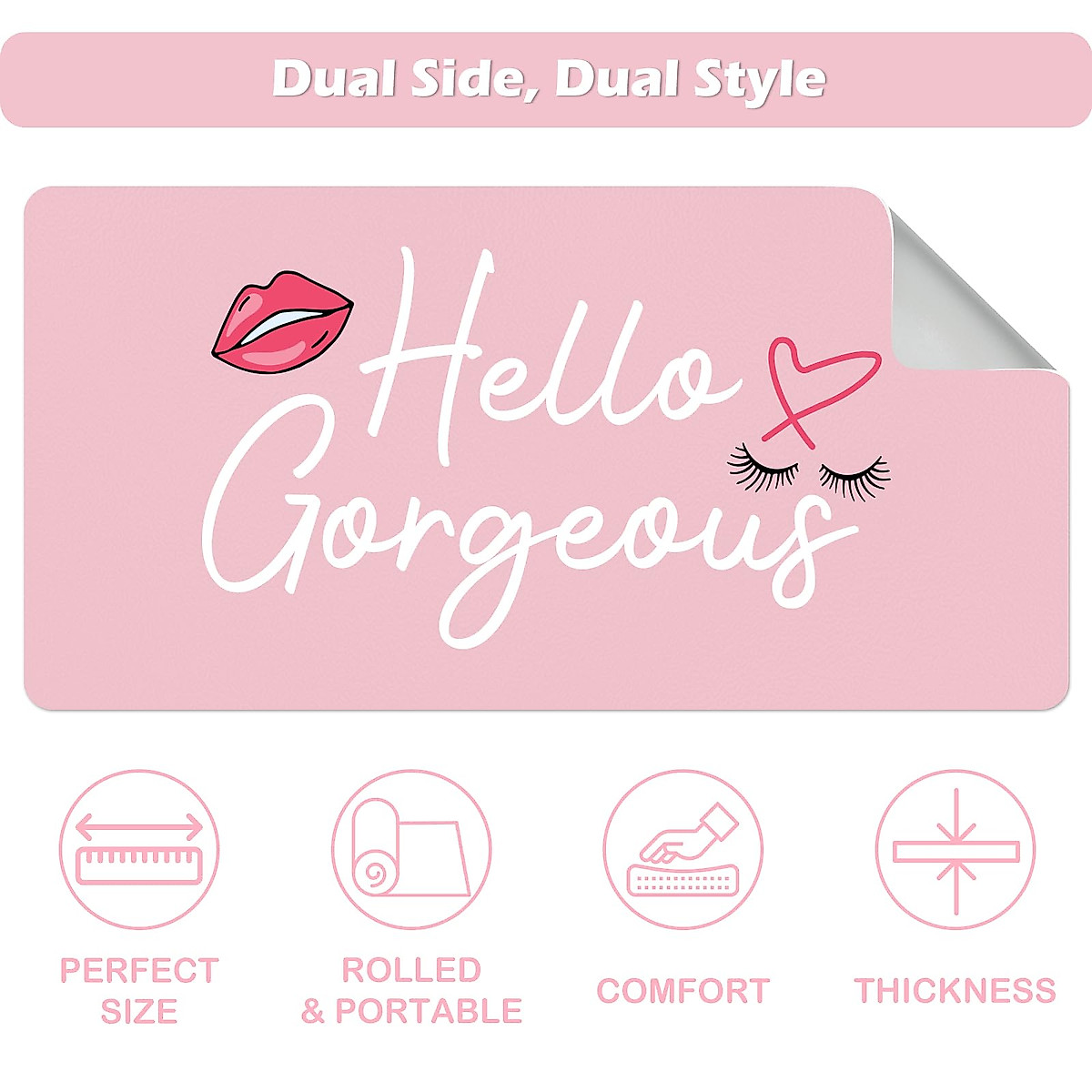 Makeup Mat for Vanity Top Protector, Dual-Sided Vanity Mat Waterproof Dressing Desk Makeup Table Cover Mat Hello Gorgeous (Baby Pink/Silver, 23.6"x11.8")
