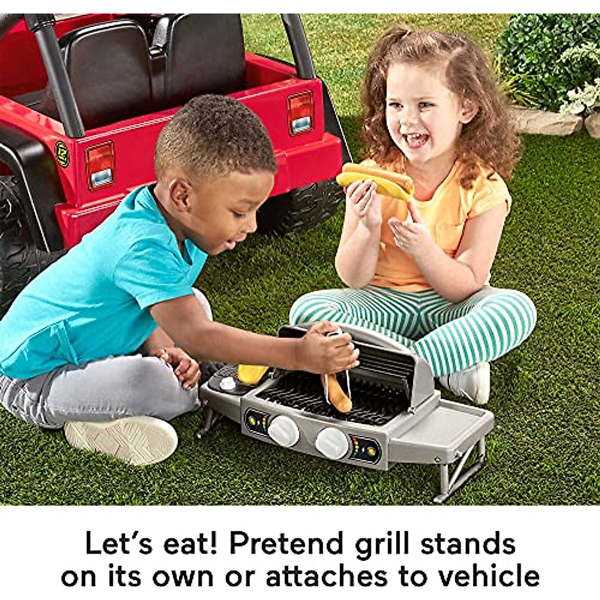 Power Wheels Ride-On Toy BBQ Fun Jeep Wrangler Battery-Powered Vehicle with Sounds, Pretend Grill & 5 Food Pieces, Preschool Kids 3+ Years​