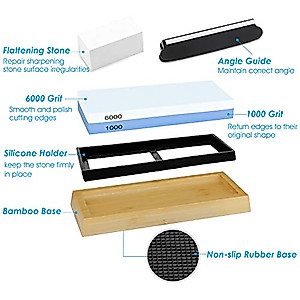 PHYEX Knife Sharpening Stone, Combination Dual Sided 1000/6000, with Non Slip Base, Flattening Stone & Angle Guide