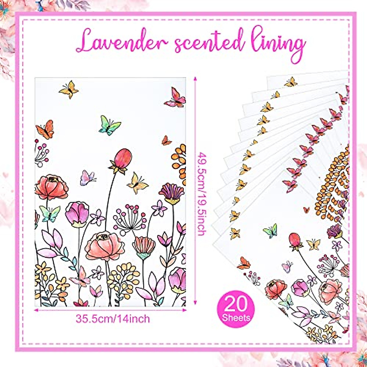 20 Sheets Drawer Liners for Dresser Linen Scented Non Adhesive Paper Fragrant Liners for Bathroom Kitchen Cabinet Shelf Closet, 14 x 19.5 Inches(Flower)