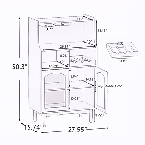 Loscear Wine Liquor Cabinet Bar for Home with Removable Wine Rack and Storage, Dark Grey Wood Coffee Bar Cabinets for Home with Solid Wood Legs and Tempered Glass Doors, 27.56”×15.75”×50.39”