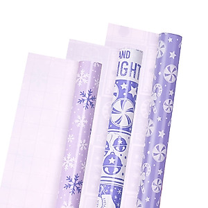 LeZakaa Christmas Wrapping Paper Mini Roll - Bell & Tree/Candy Canes/Snowflakes Design in Light Purple for Gift Wrap, Arts Crafts - 17 x 120 inches - 3 Rolls (42.5 sq.ft.ttl.)