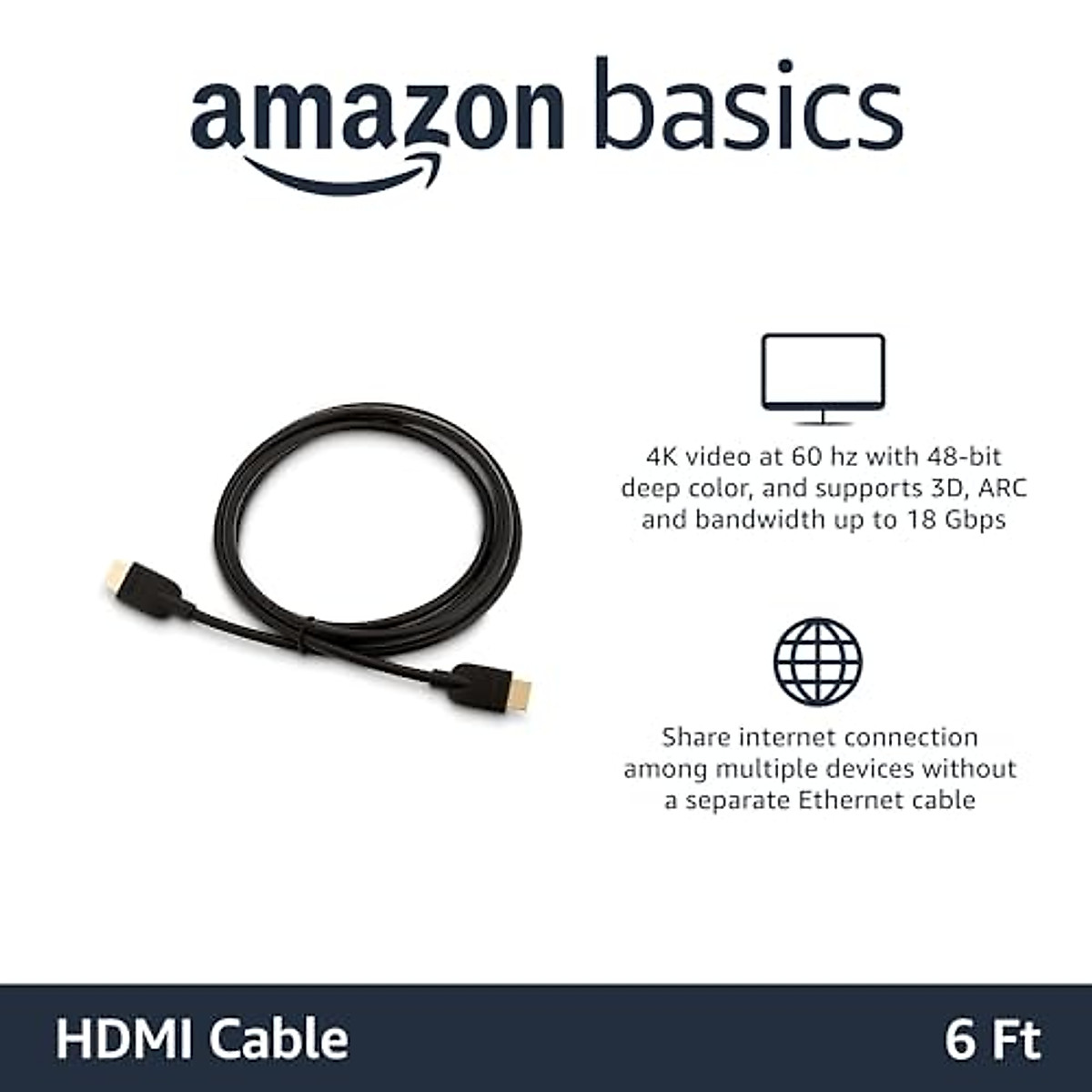 Amazon Basics High-Speed 4K Ultra HD 3-Pack HDMI 2.0 Cable/Cord, 6 feet, 18 Gbps, 60 Hz, 2160p, 48 bit, Male-to-Male, Ethernet Ready, 3D, Black
