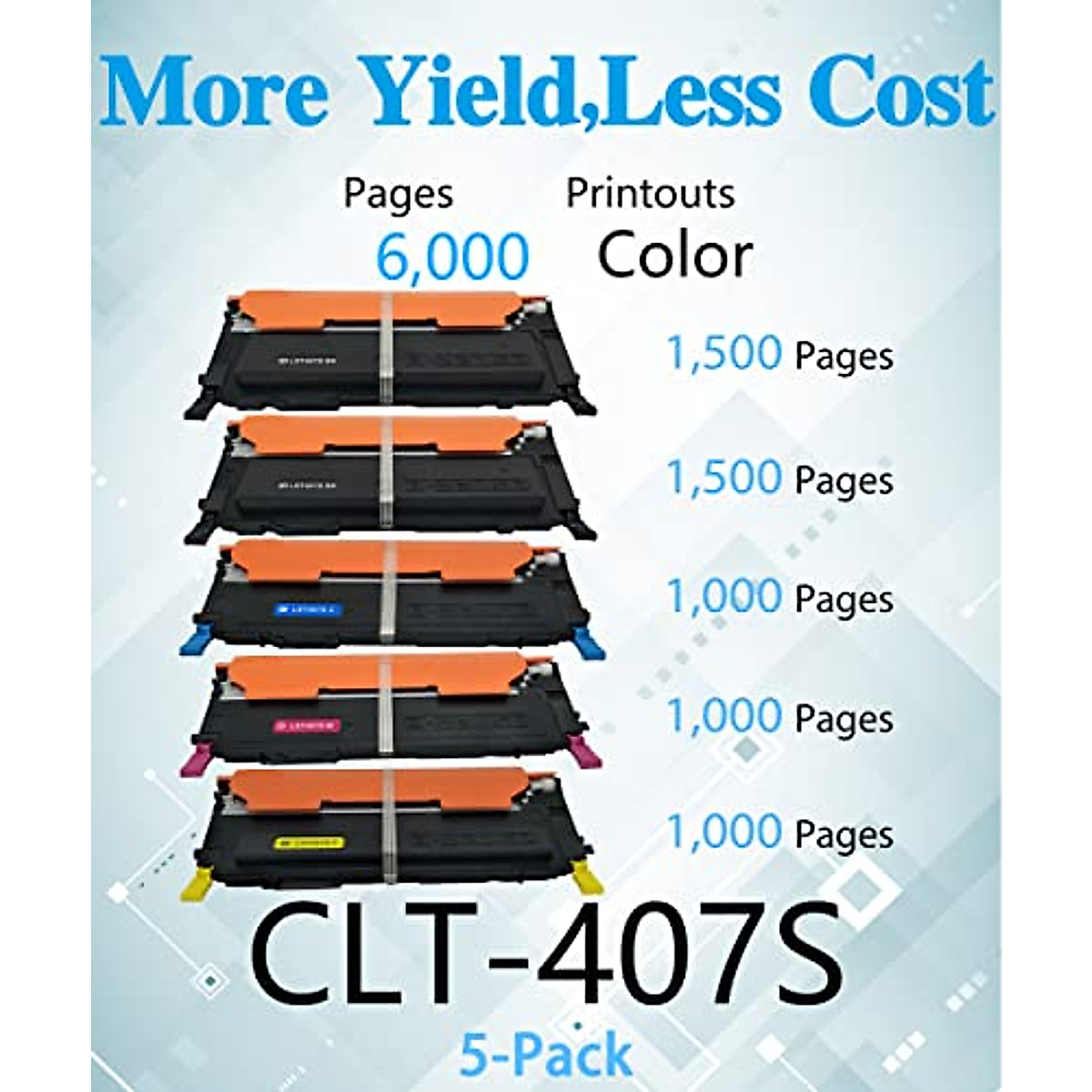MM MUCH & MORE Compatible Toner Cartridge Replacement for Samsung 407S 409S CLT-407S use with CLX-3185FW 3185N CLP-320N CLP-321N CLP-325W Printers (5-Pack, 2 Black + Cyan + Magenta + Yellow)