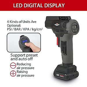 Excited Work 12V Portable Air Compressors Cordless Tire Inflator, 2.0 Ah Rechargeable Battery and Quick Charger, Max 150PSI, with 3 Nozzles, 4 Unit Meters, Fits Cars Motorcycles etc