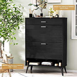 Lamerge Shoe Storage Cabinet for Entryway, Free Standing Shoe Organizer with 2 Flip Drawers，Hidden Shoe Rack Storage Organizer for Doorway Hallway, Black