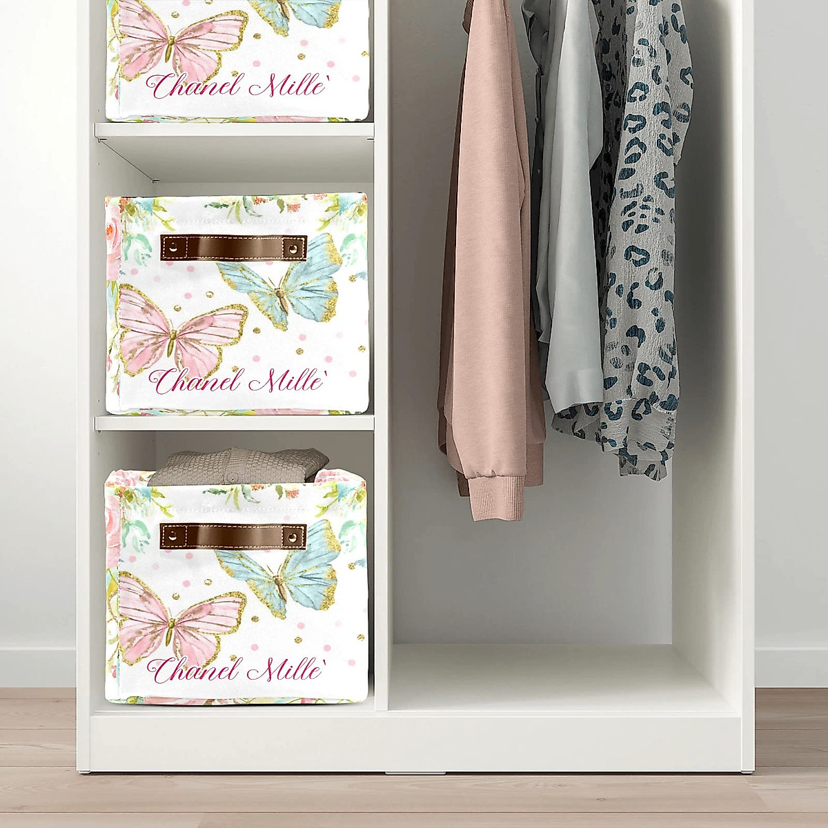 Floral Butterfly Pink Personalized Storage Bins Custom Baskets Cubes Organizer With Handle for Home Nursery Supplies Clothes Toy 1 Pack