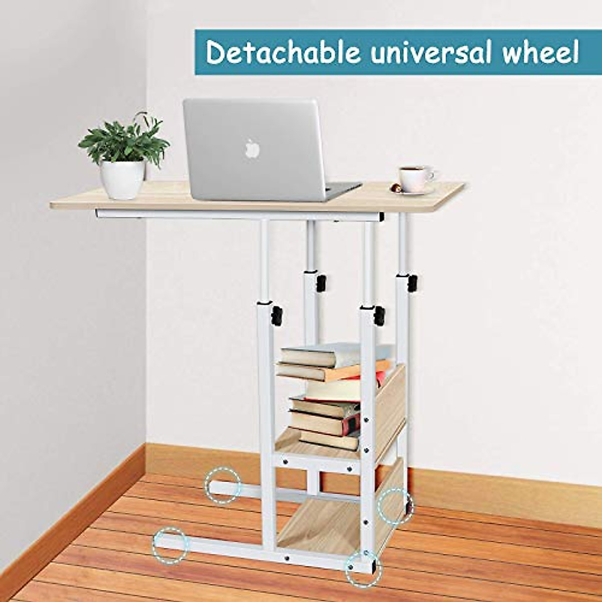 Retyion Movable Computer Desk with Wheels Height Adjustable C Shaped Laptop Table with Storage Shelves for Sofa Couch Home Office