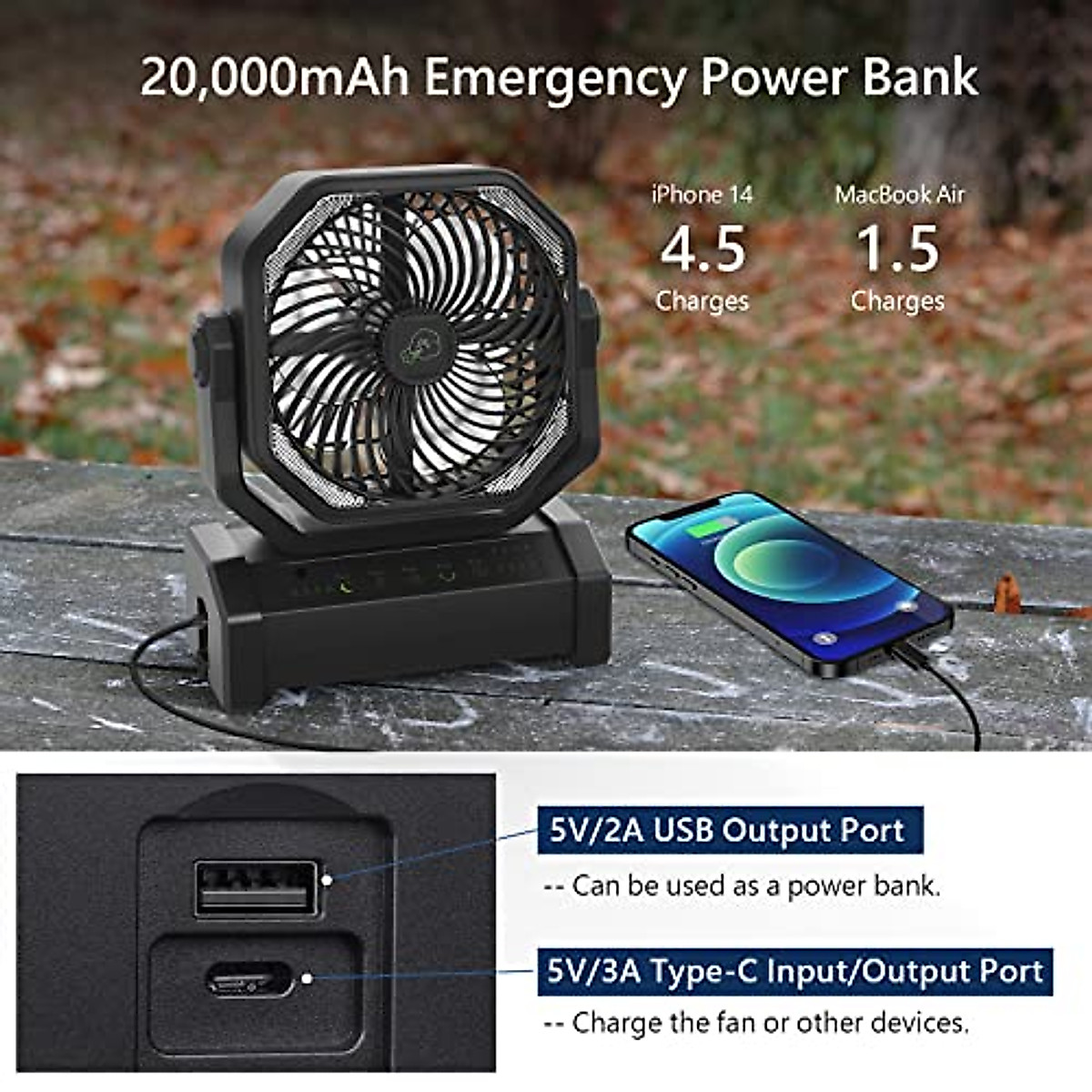 SALLOUS Camping Fan with LED Light, 20000mAh Rechargeable Battery Operated Table Fan, Auto-Oscillating Tent Fan with Remote & Hook, 4 Speed Portable Camping Fan for Travel Picnic Fishing, Black